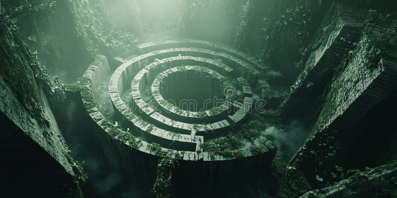Ancient Stone Maze Surrounded by Lush Greenery in Misty Environment ...