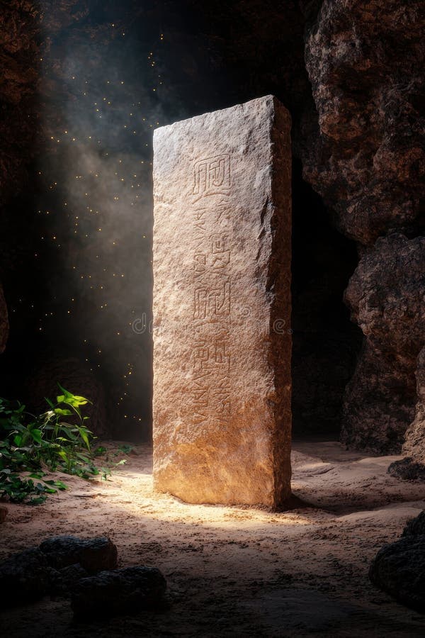 Ancient Stone Monolith in a Cave with Mysterious Inscriptions. Stock ...