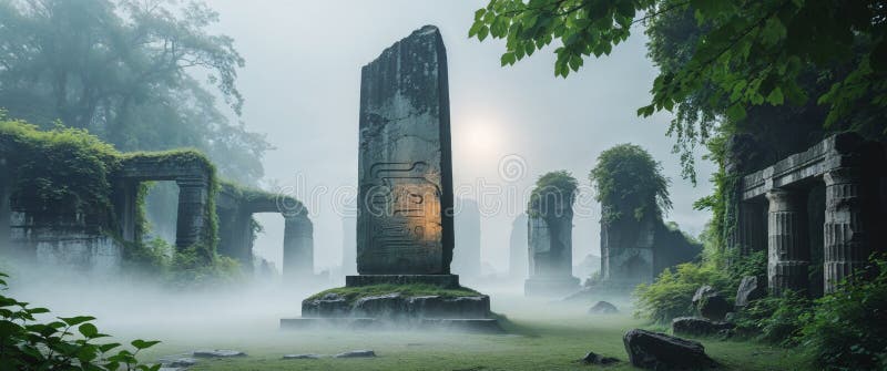 Ancient Stone Monolith Stands Amidst Misty Ruins and Foliage. Stock ...