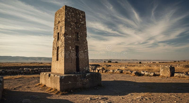 Ancient Stone Monolith Stands in an Open Plain with a Backdrop of ...