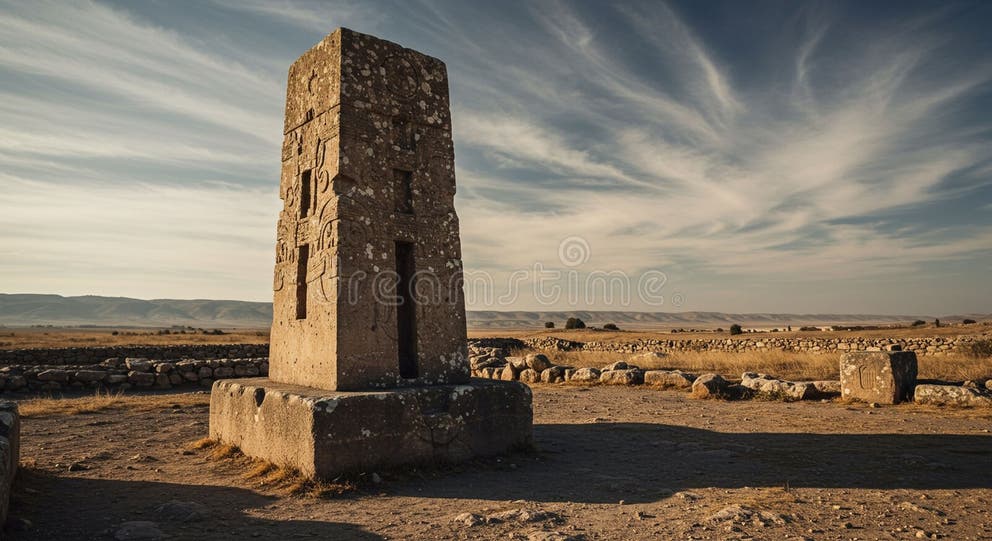 Ancient Stone Monolith Stands in an Open Plain with a Backdrop of ...