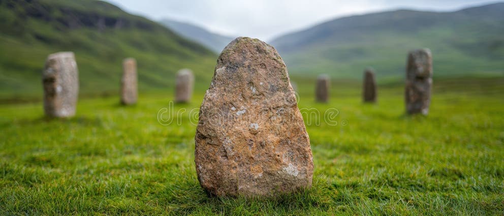 Ancient Stone Monoliths in a Grassy Field Stock Illustration - Illustration of mountain, scenic ...
