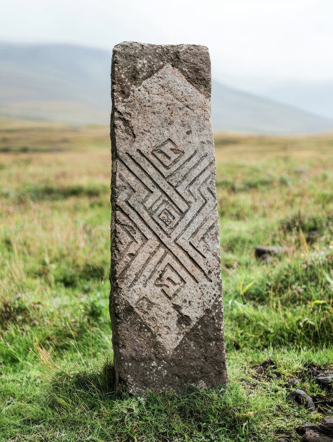 Ancient Stone Monument with Carved Geometric Patterns in a Field. Stock ...