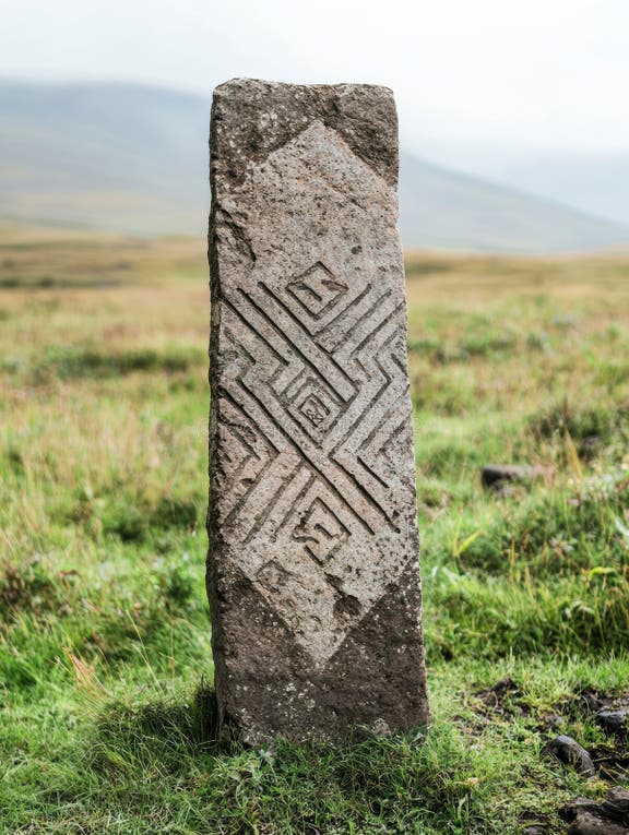 Ancient Stone Monument with Carved Geometric Patterns in a Field. Stock ...