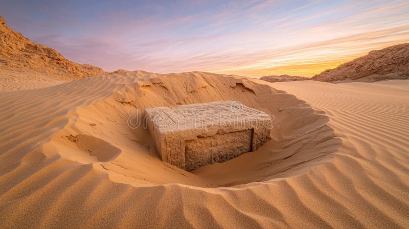 Ancient Stone Monument in Desert Landscape at Sunset Stock Illustration ...