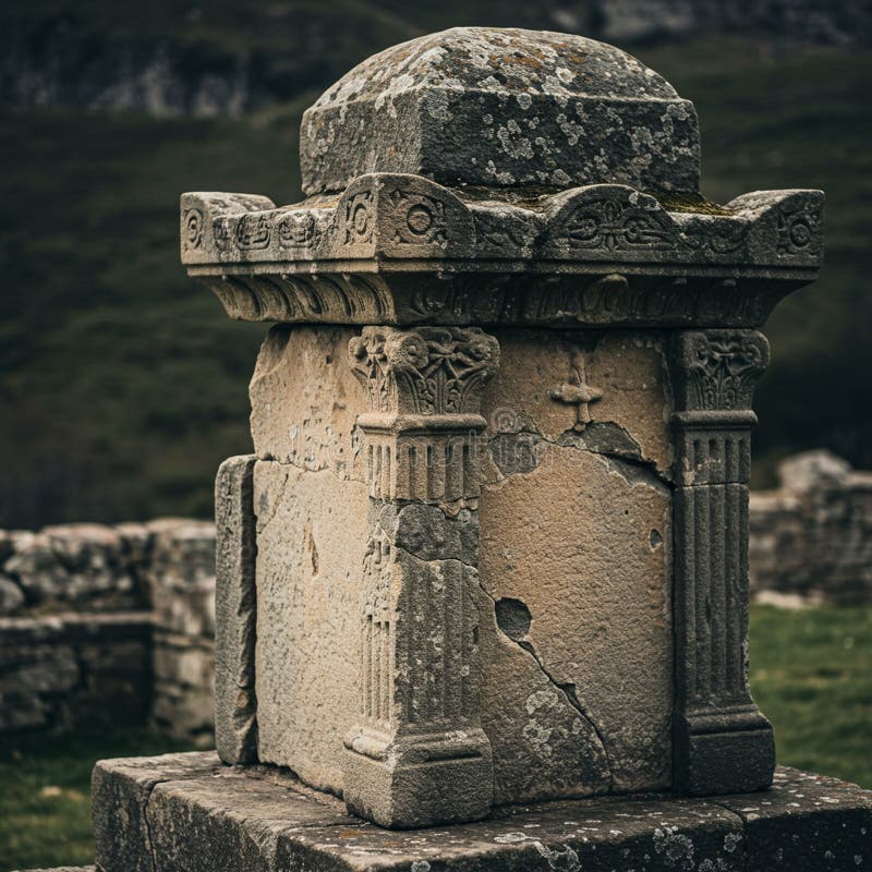 Ancient Stone Monument Featuring Detailed Carvings and Columnar Designs ...