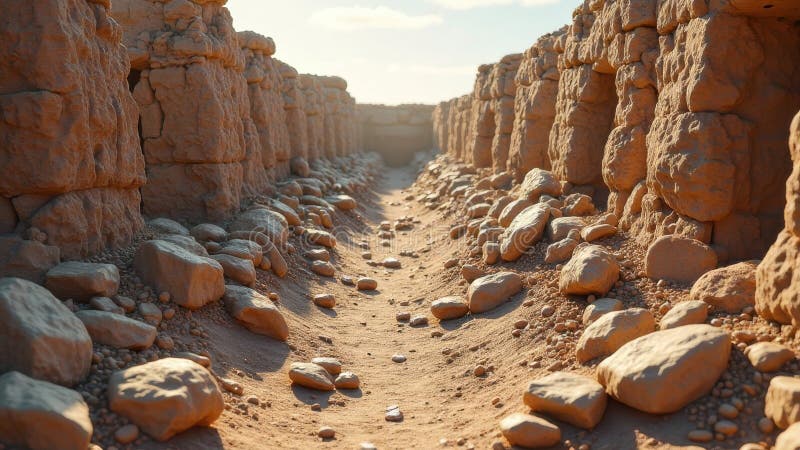 Ancient Stone Path between Arid Rock Walls Under Bright Sunlight Stock ...