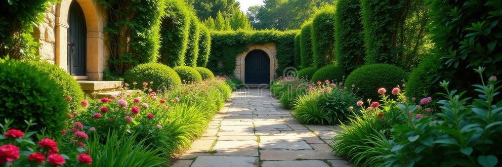 Ancient Stone Path Curves through Lush Villa Garden , Image, Element ...