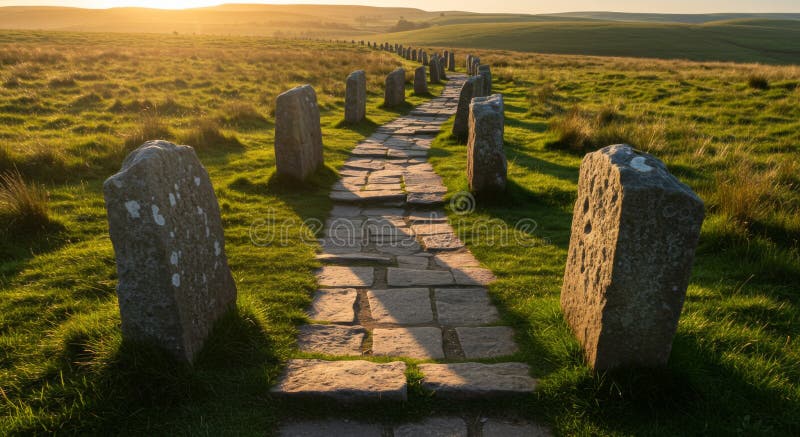 Ancient Stone Path at Sunset, Grassy Field Landscape Stock Illustration ...