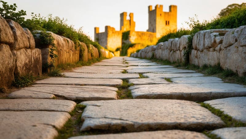 Ancient Stone Pathway Leading To Historic Castle Ruins in Sunlight ...