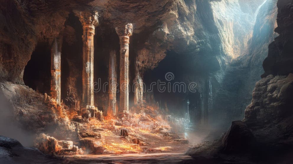 Ancient Stone Pillars in a Dark Cave with Golden Light Stock ...
