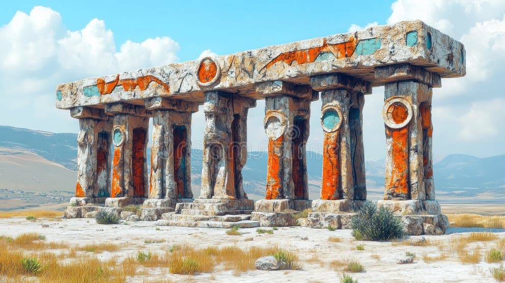 Ancient Stone Pillars in a Desolate Landscape Stock Illustration ...