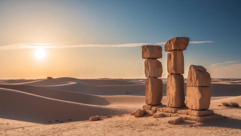 Ancient Stone Pillars and a Glowing Sun in a Desert Landscape. Stock ...