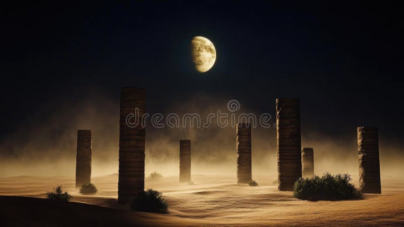 Ancient Stone Pillars in Misty Desert Landscape Under Full Moon Stock Image - Image of barren ...