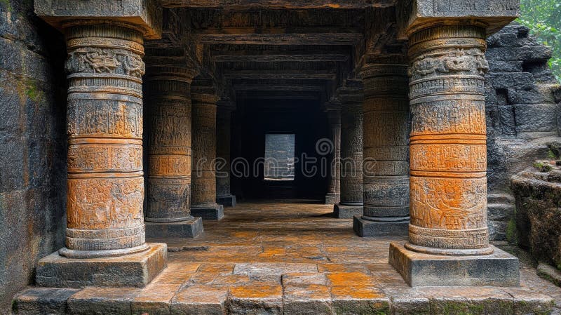 Ancient Stone Pillars, Pathway Inside Temple Ruins Stock Illustration - Illustration of details ...