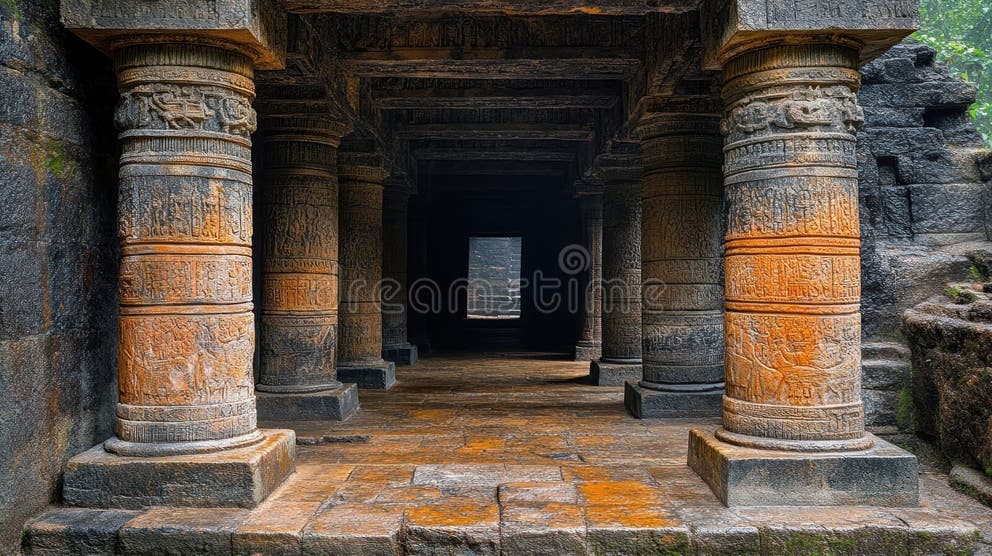 Ancient Stone Pillars, Pathway Inside Temple Ruins Stock Illustration ...