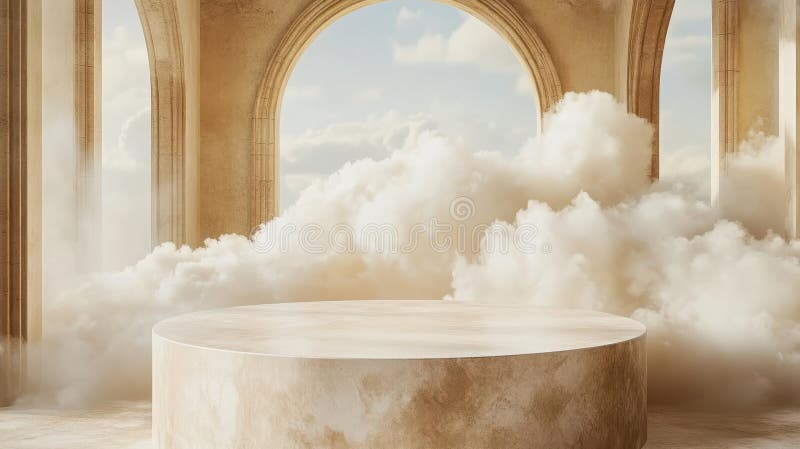 Ancient Stone Platform in Bright Open Hall with Clouds Stock Photo ...