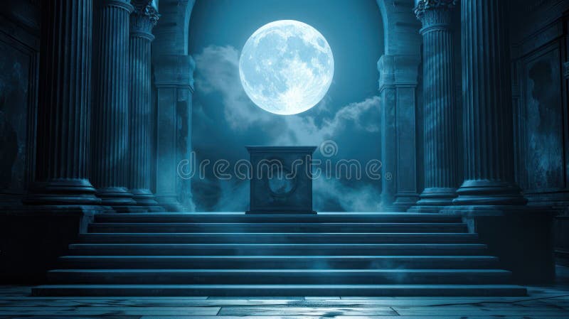 Ancient Stone Platform Under Full Moon in Ruined Temple Stock ...