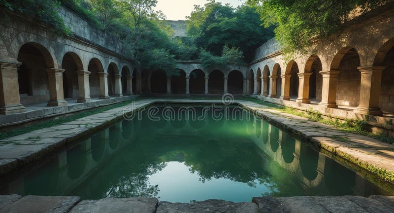 Ancient Stone Pool Reflecting Arches and Greenery in a Serene Courtyard ...