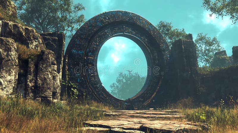 Ancient Stone Portal in a Lush, Overgrown Landscape Stock Illustration ...