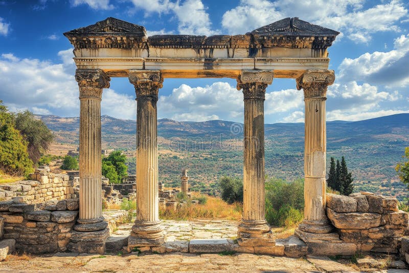 Ancient Stone Remnants, Pillars, and a Desert Terrain Stock Photo ...