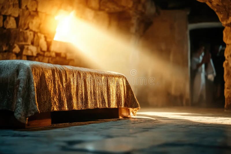 Ancient Stone Room with Sunlit Bed and Mysterious Figure in Archway ...