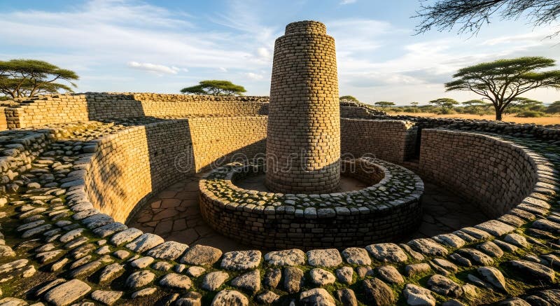 Ancient Stone Ruins and a Conical Tower at Sunset in a Savanna Landscape Stock Illustration ...