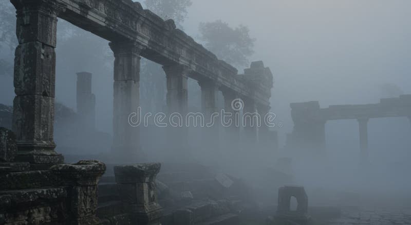 Ancient Stone Ruins in Dense Fog at Dawn Stock Illustration ...