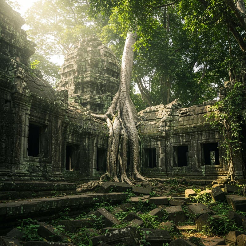 Ancient Stone Ruins Enveloped by Massive Tree Roots, Likely Ficus ...