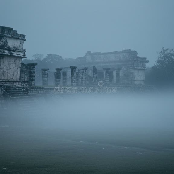 Ancient Stone Ruins Enveloped in Mist, Featuring Weathered, Rectangular ...
