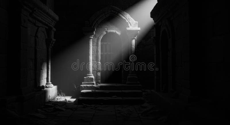 Ancient Stone Ruins Interior with Dramatic Light Beam Stock ...