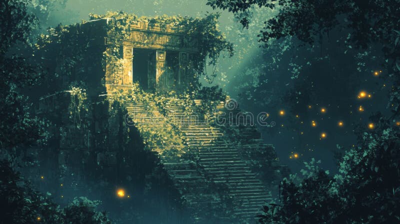 Ancient Stone Ruins in Lush Green Jungle at Night Stock Illustration ...