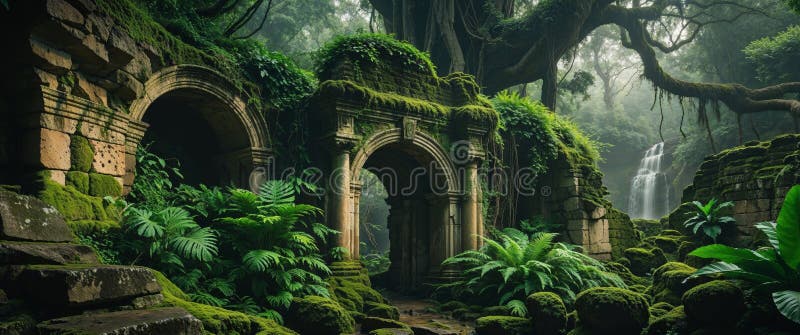 Ancient Stone Ruins Overgrown with Lush Green Moss in a Tropical Jungle Setting Stock Image ...