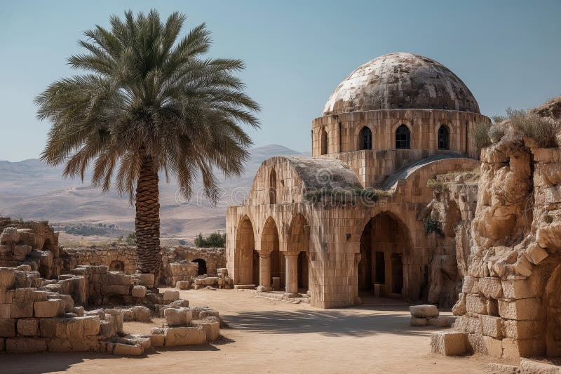 Ancient Stone Ruins with Palm Tree Stock Illustration - Illustration of ...