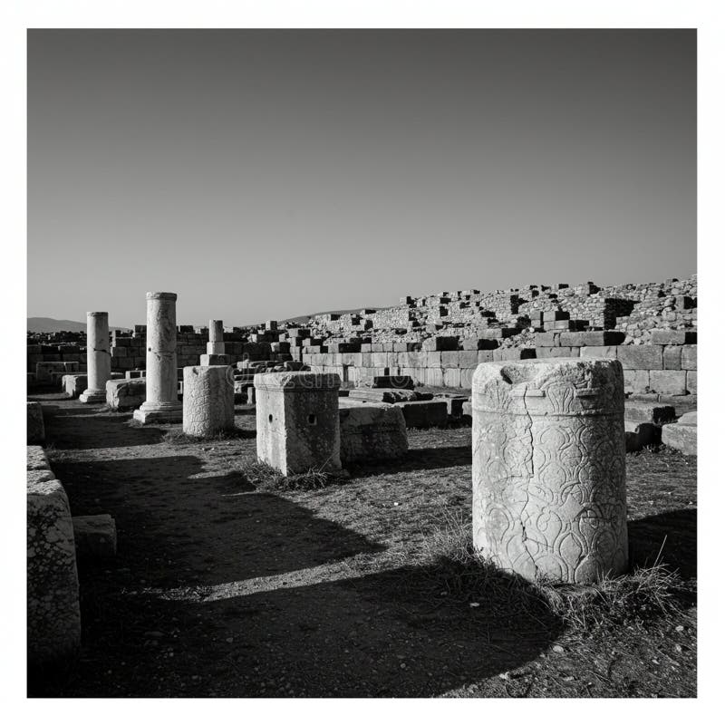 Ancient Stone Ruins Under a Clear Sky, Featuring Cylindrical Columns and Carved Blocks Stock ...