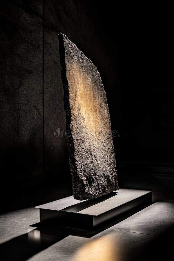 Ancient Stone Slab Displayed in Dramatic Lighting at Museum Exhibit ...
