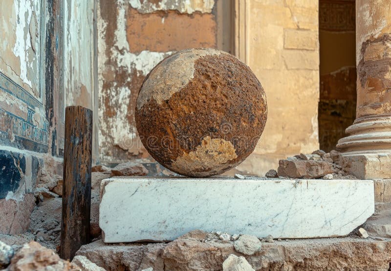Ancient Stone Sphere Rests on Marble Slab in Ruins Stock Illustration ...