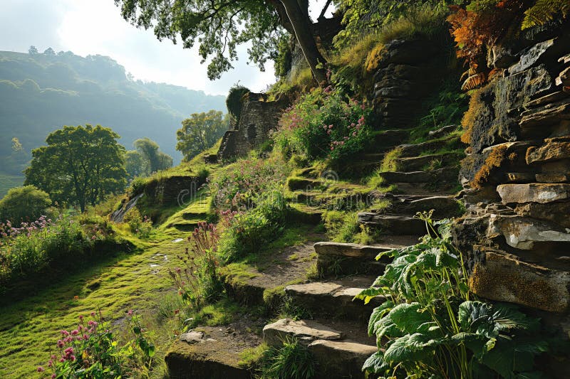 Ancient Stone Staircase on a Mountain Path Stock Illustration ...