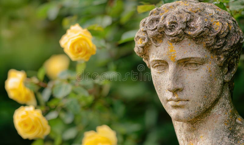 Ancient Stone Statue with Yellow Roses Stock Illustration ...