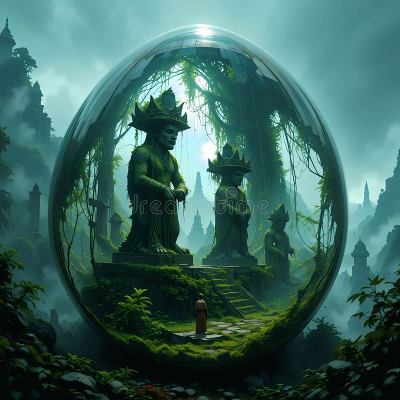 Ancient Stone Statues in a Mystical Jungle Temple Stock Illustration ...