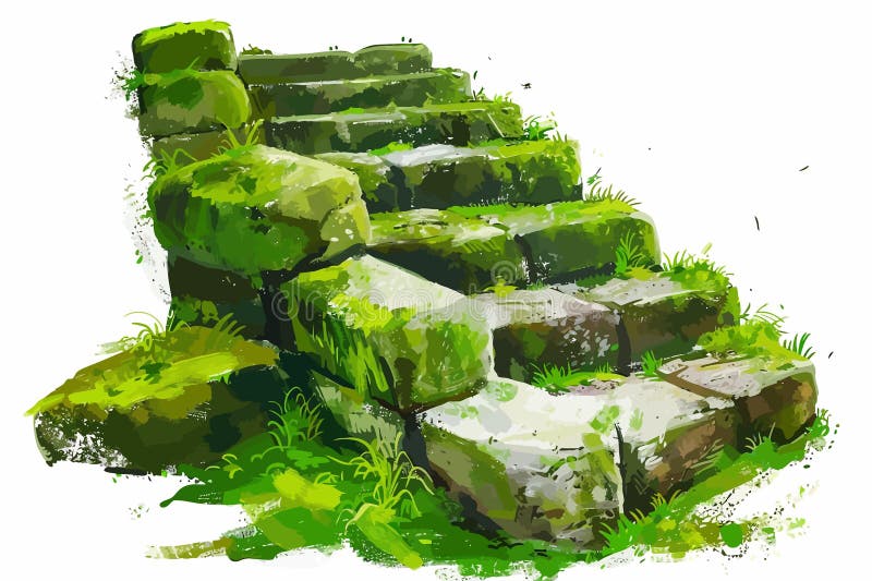 Ancient Stone Steps Covered in Green Moss Isolated Illustration Stock ...