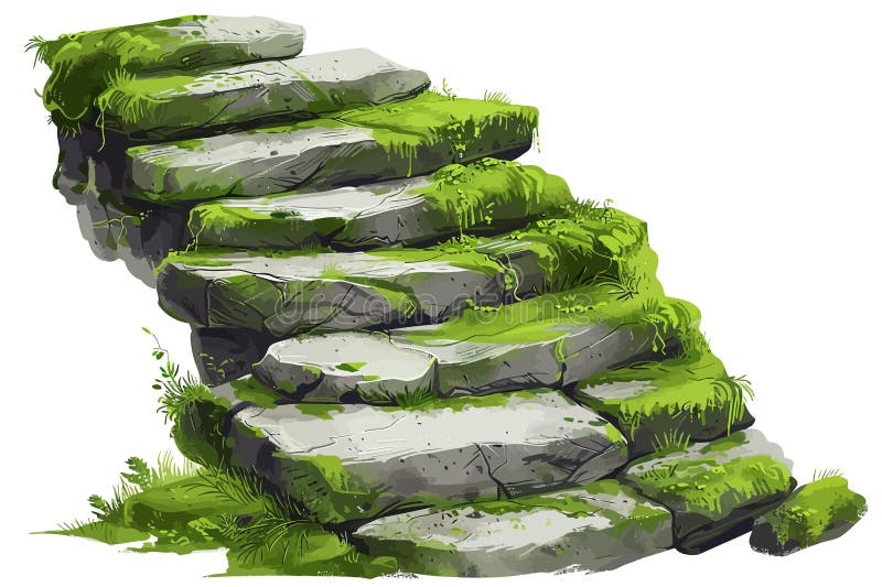 Ancient Stone Steps Covered in Green Moss Isolated Illustration Stock ...
