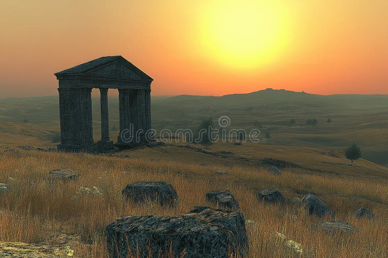 Ancient Ruins at Sunset Over Rolling Hills Stock Illustration ...
