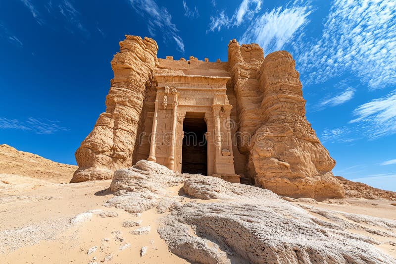 Ancient Stone Structure in Desert Landscape with Blue Sky and White ...