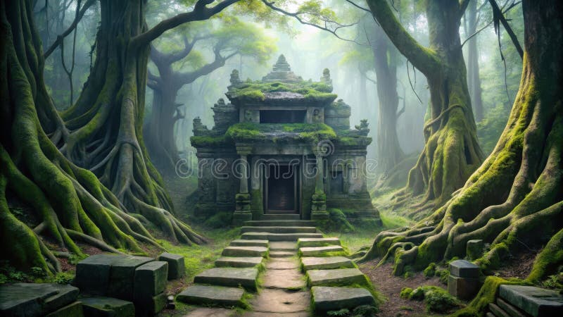 Ancient Stone Structure Enveloped by Lush, Moss-covered Jungle Trees, a ...