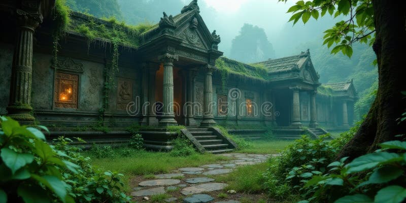 Ancient Stone Structure, Overgrown by Lush Vegetation, in a Misty ...
