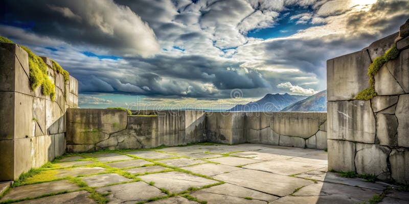 Ancient Stone Structure Overlooking a Dramatic Mountain Range Under a ...