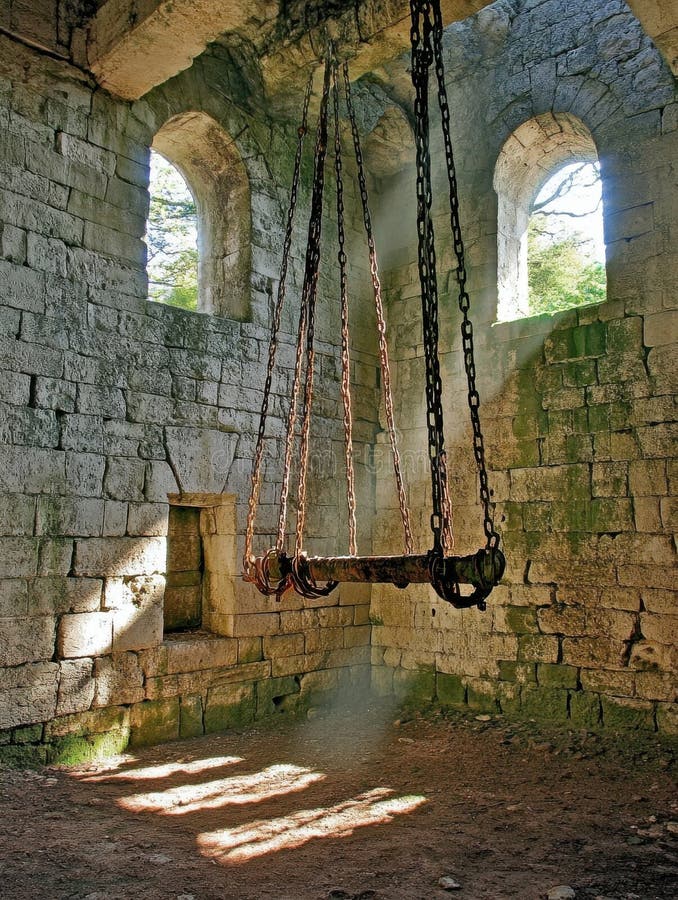 Ancient Stone Structure Rusty Chains Sunlight Beams Historic Building ...