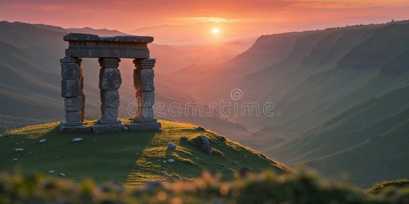 Ancient Stone Structure at Sunset Overlooking a Valley. Stock Photo ...