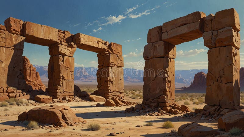 Ancient Stone Structures in Desert with Blue Sky and Distant Mountain ...